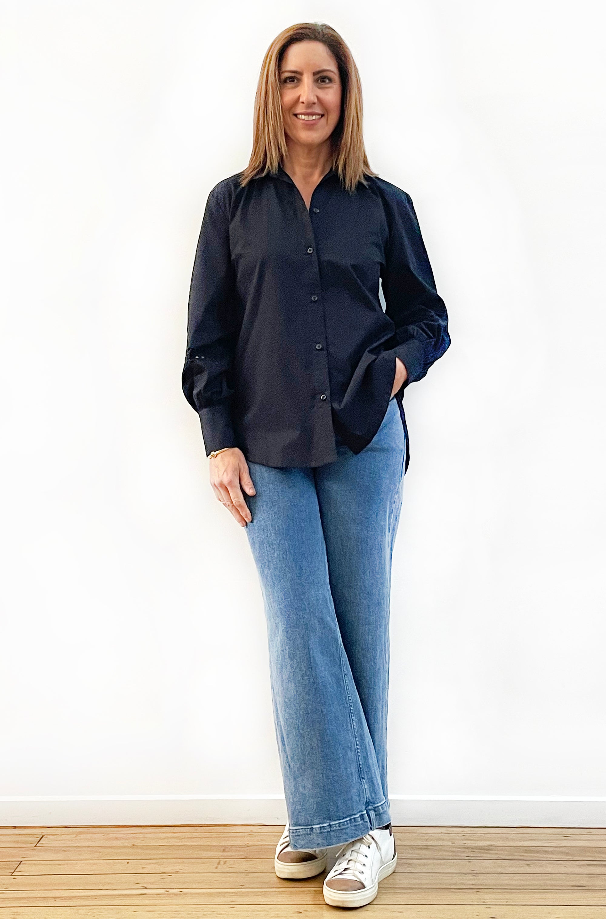 COTTON SLIM CUT CLASSIC CUTWORK SHIRT BLACK