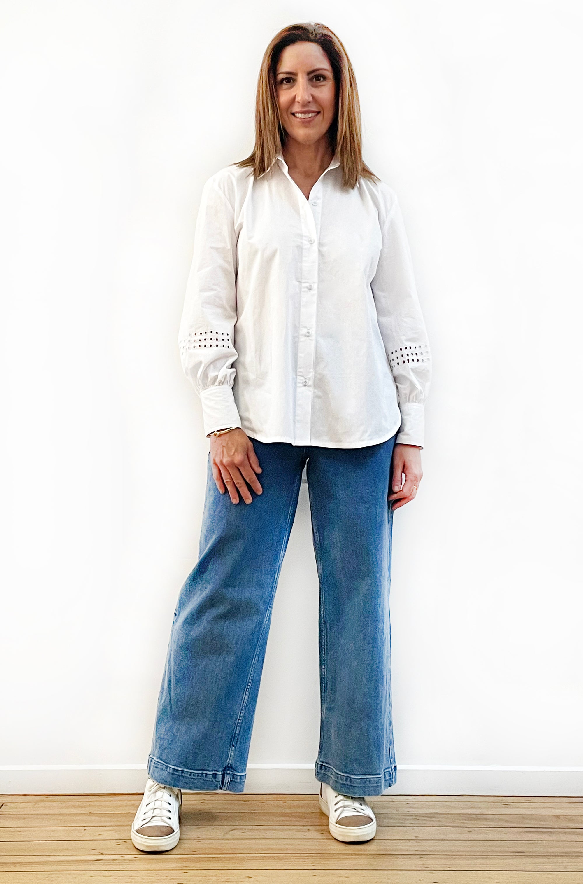 COTTON SLIM CUT CLASSIC CUTWORK SHIRT WHITE